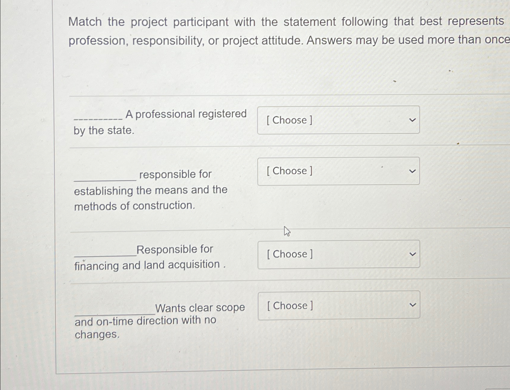 Solved Match the project participant with the statement | Chegg.com