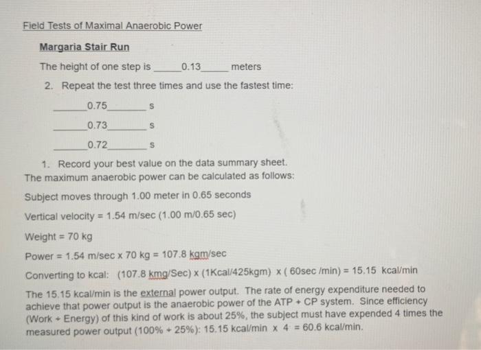 Solved Field Tests of Maximal Anaerobic Power Margaria Stair | Chegg.com