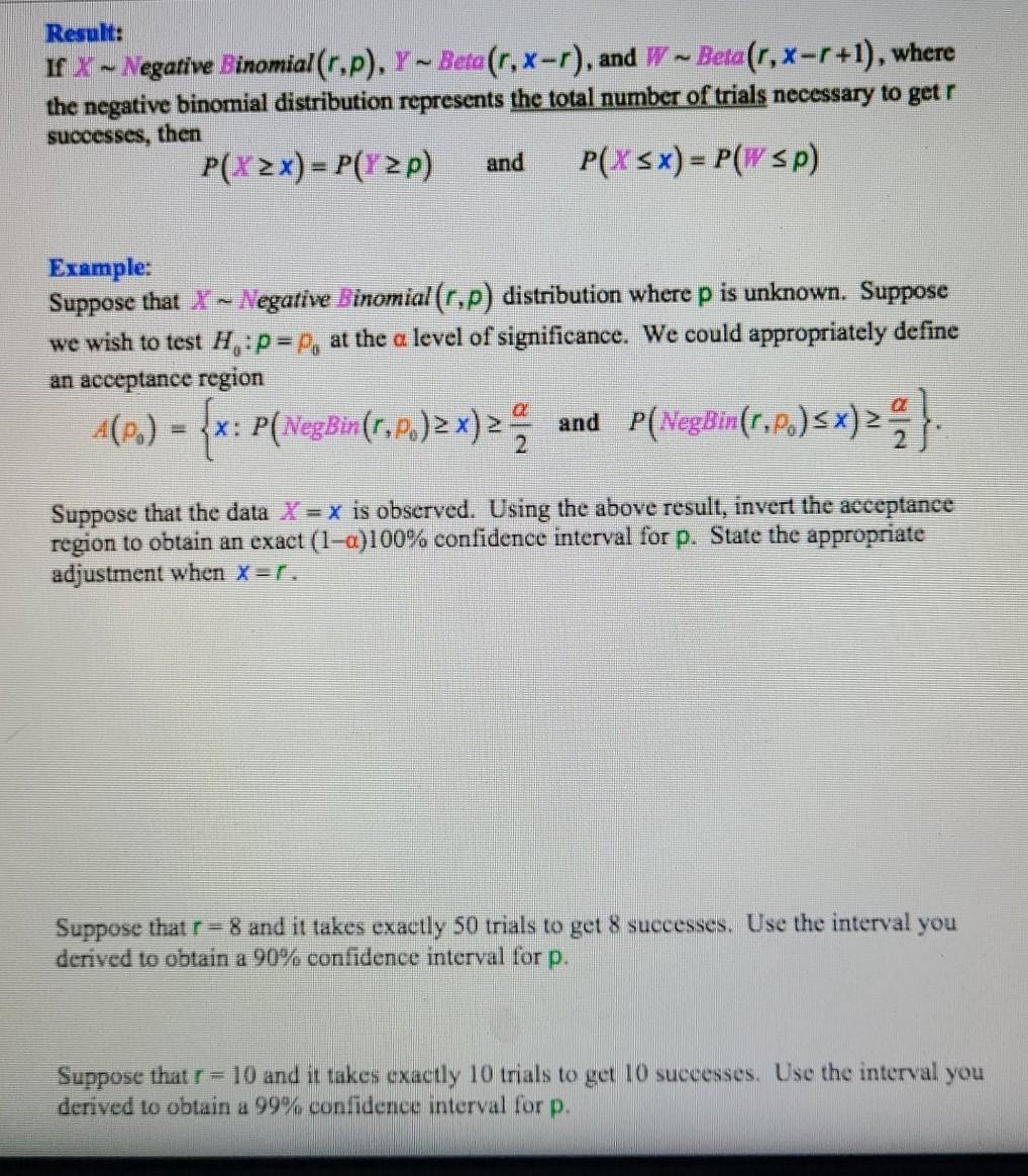 Result: If X~ Negative Binomial(r,p), Y~ Beta(r, | Chegg.com