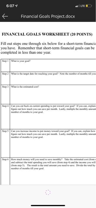 Solved FINANCIAL GOALS WORKSHEET (20 POINTS) Fill out steps | Chegg.com