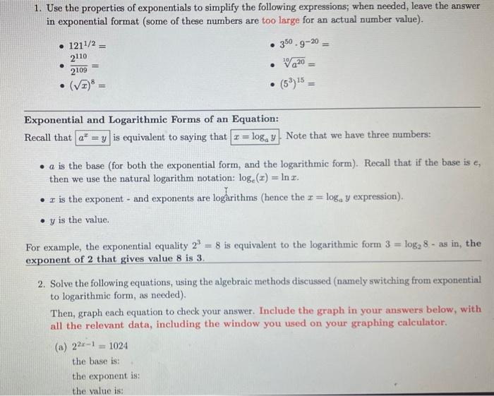 Solved 1. Use the properties of exponentials to simplify the | Chegg.com