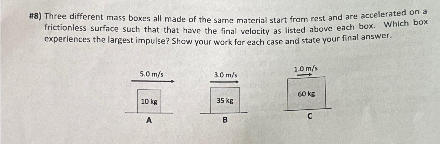 Solved #8) ﻿Three different mass boxes all made of the same | Chegg.com