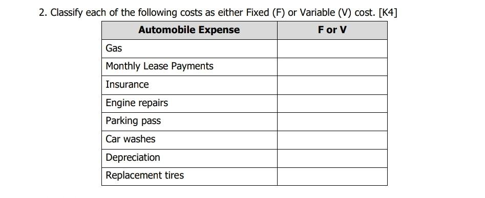 Solved 2. Classify each of the following costs as either | Chegg.com