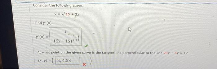 Solved Consider the following curve. y=15+2x Find y′(x). | Chegg.com