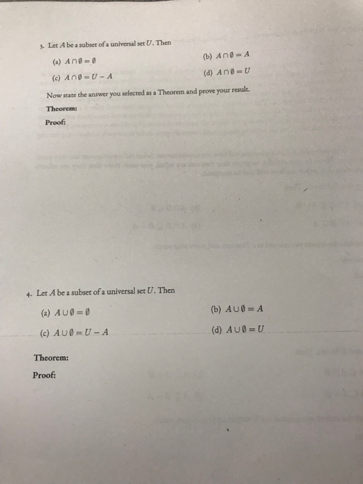 Solved 3 Let A be a subset of a universal set U. Then (b) | Chegg.com