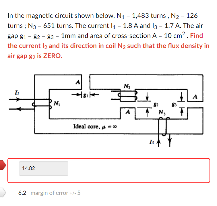 Solved In the magnetic circuit shown below, N1=1,483 ﻿turns, | Chegg.com