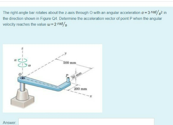 Solved The right-angle bar rotates about the z-axis through | Chegg.com