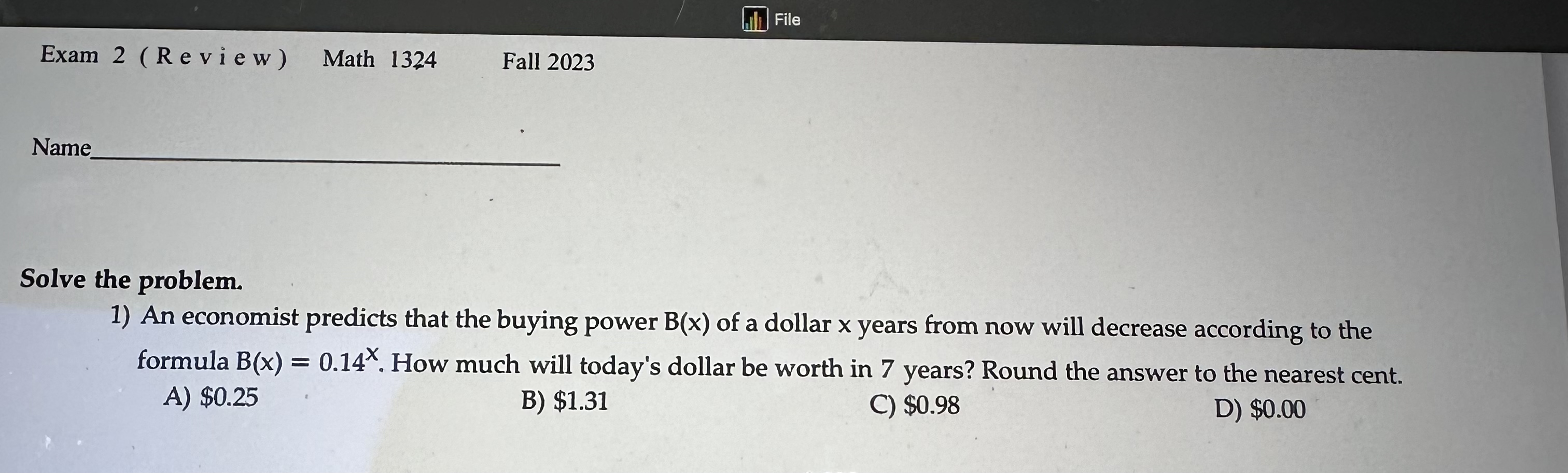 Solved Exam 2 ( ﻿Re view) ﻿Math 1324, ﻿Fall 2023NaISolve the | Chegg.com