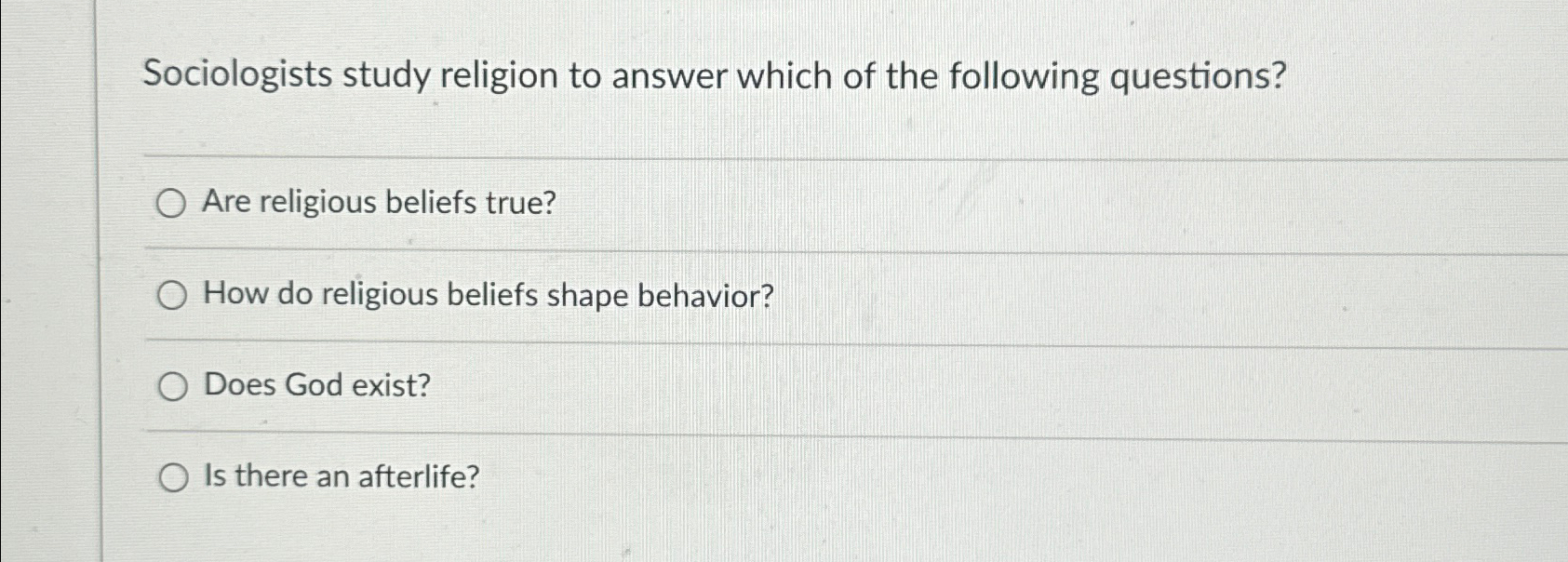 Solved Sociologists study religion to answer which of the | Chegg.com