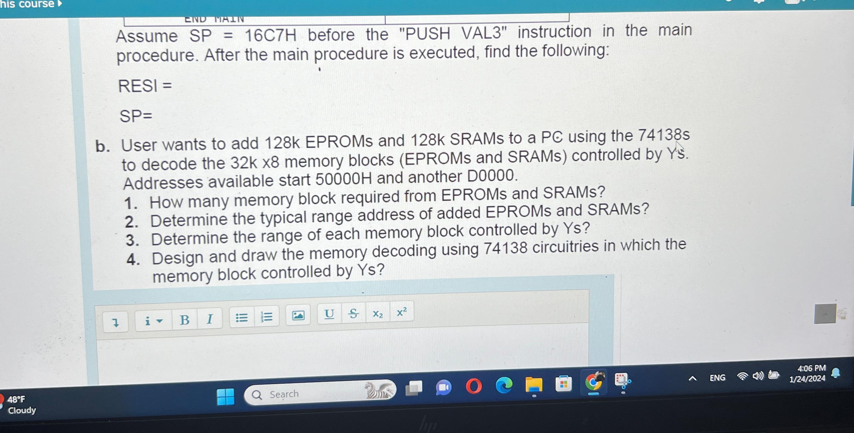 Solved Assume SP=C7H16 ﻿before the "PUSH VAL3" ﻿instruction | Chegg.com