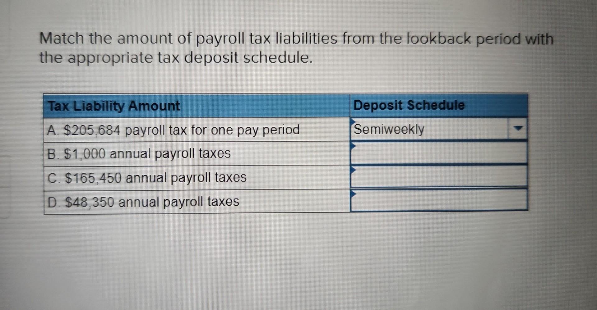 Solved Match the amount of payroll tax liabilities from the | Chegg.com