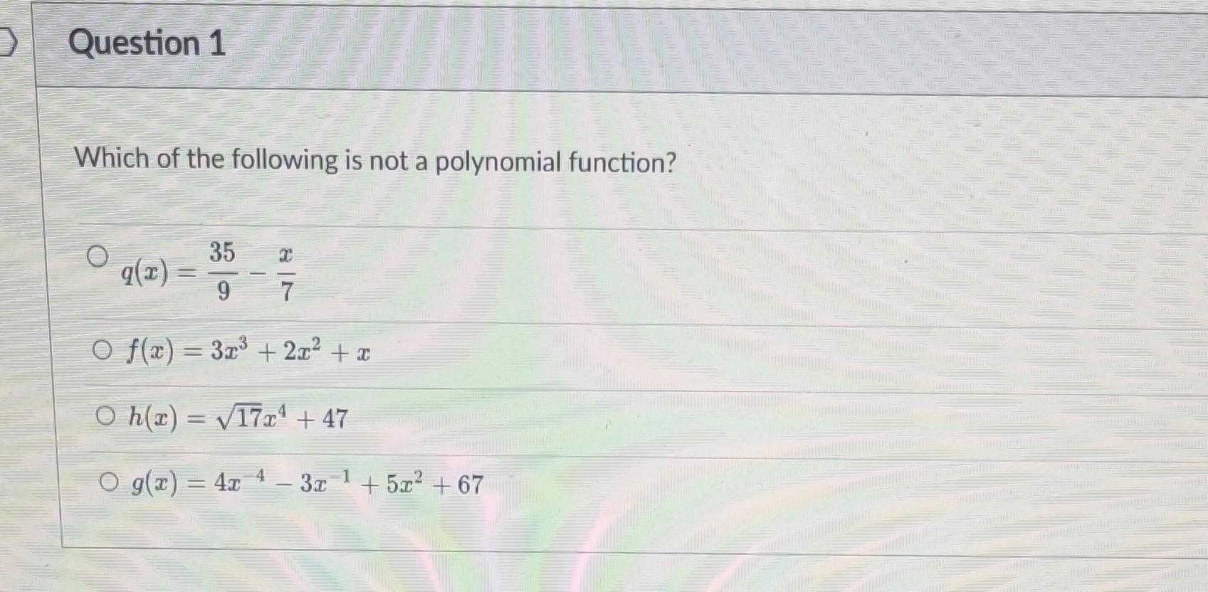 Solved Which of the following is not a polynomial function? | Chegg.com
