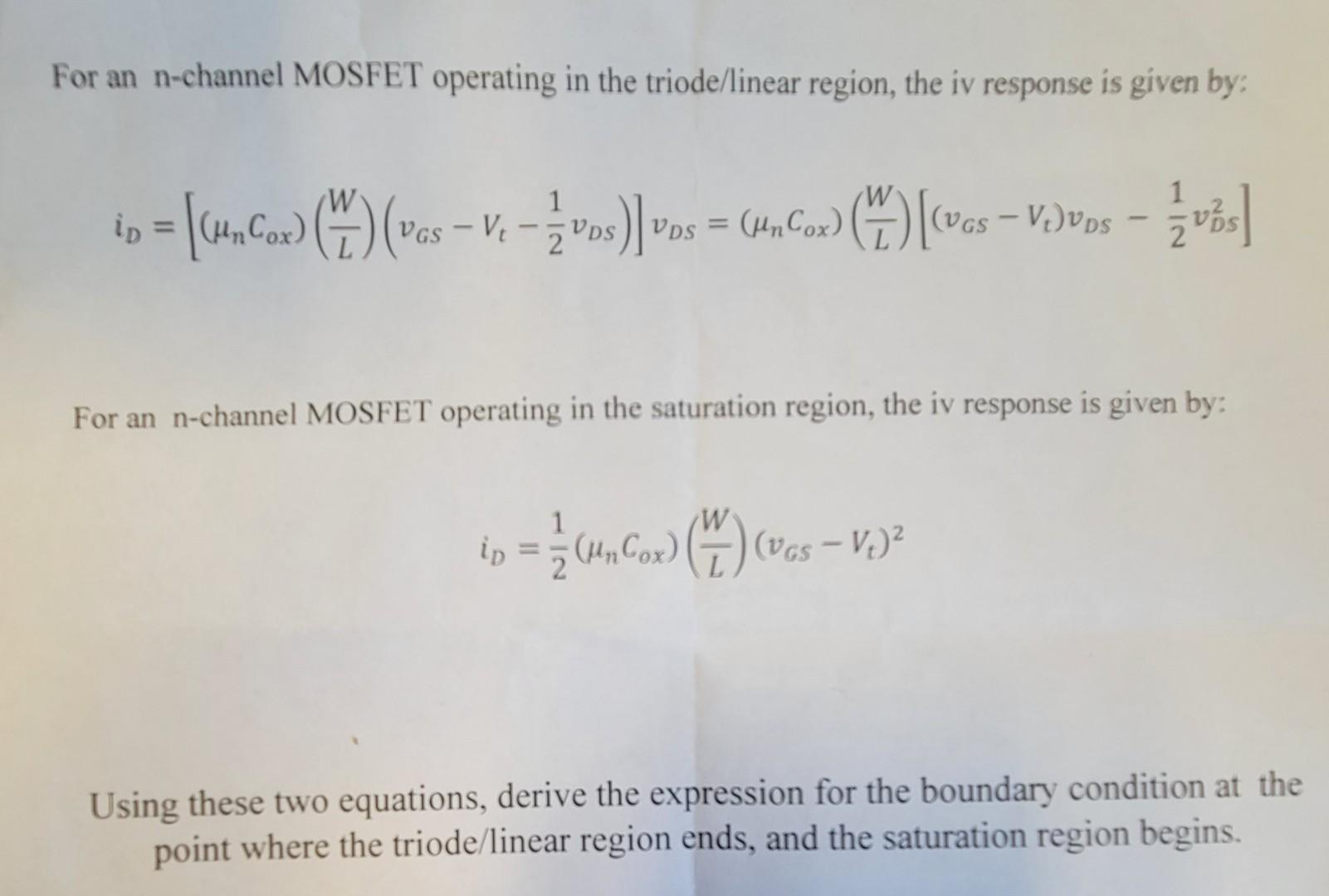 Solved For an n-channel MOSFET operating in the | Chegg.com