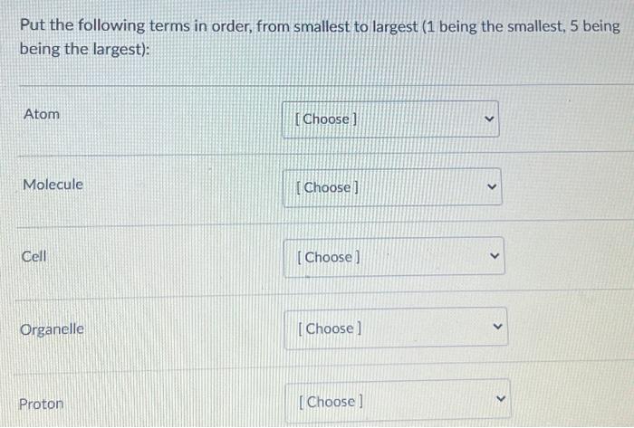 Solved Put the following terms in order, from smallest to | Chegg.com