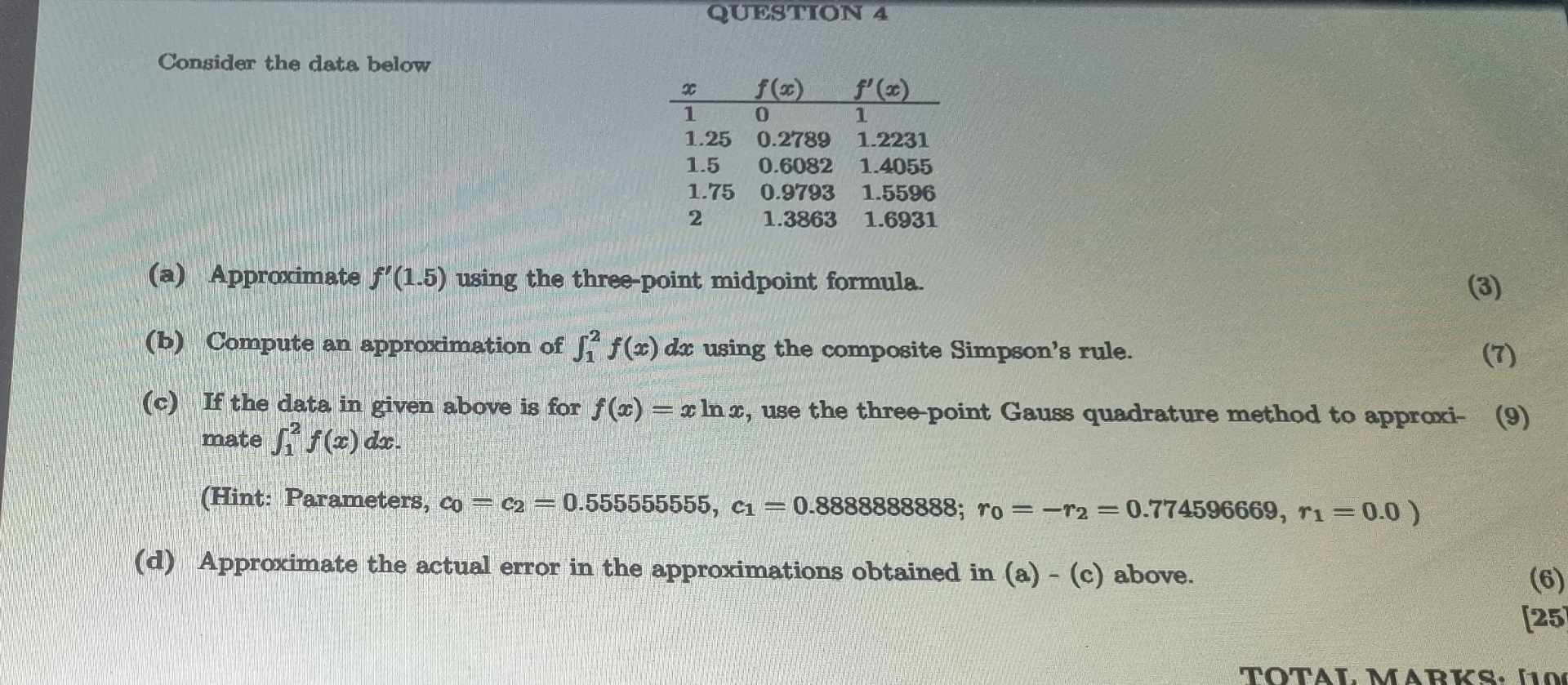 Solved QUESTION 4Consider the data below\table[[x,f(x),f'(x) | Chegg.com