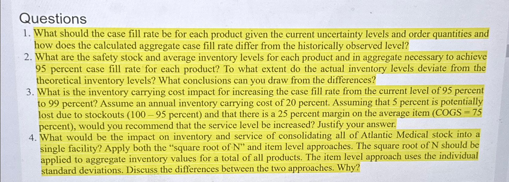 Solved QuestionsWhat should the case fill rate be for each | Chegg.com