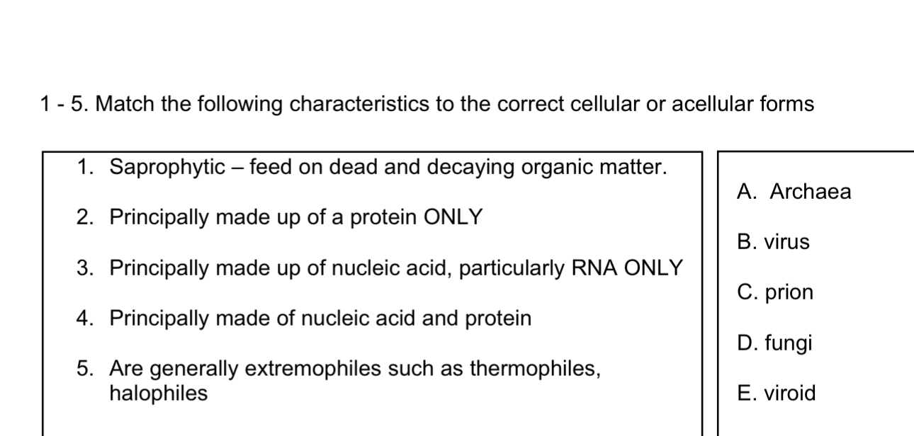 Solved 1 - 5. ﻿Match the following characteristics to the | Chegg.com