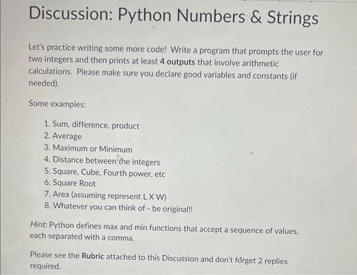 Solved Discussion: Python Numbers \& Strings Let's practice | Chegg.com