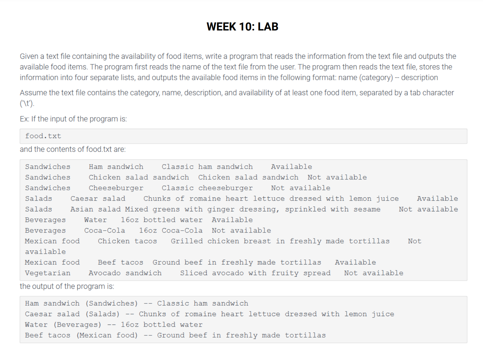 Solved Given a text file containing the availability of food | Chegg.com