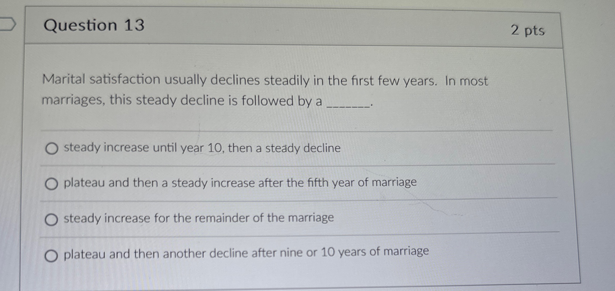 Solved Question 132 ﻿ptsMarital satisfaction usually | Chegg.com