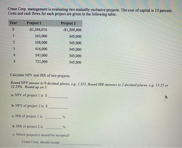 Solved Crane Corp. management is evaluating two mutually | Chegg.com