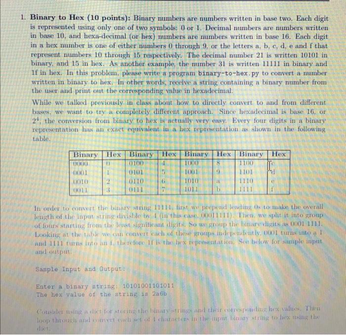 Solved e 1. Binary to Hex (10 points): Binary numbers are | Chegg.com