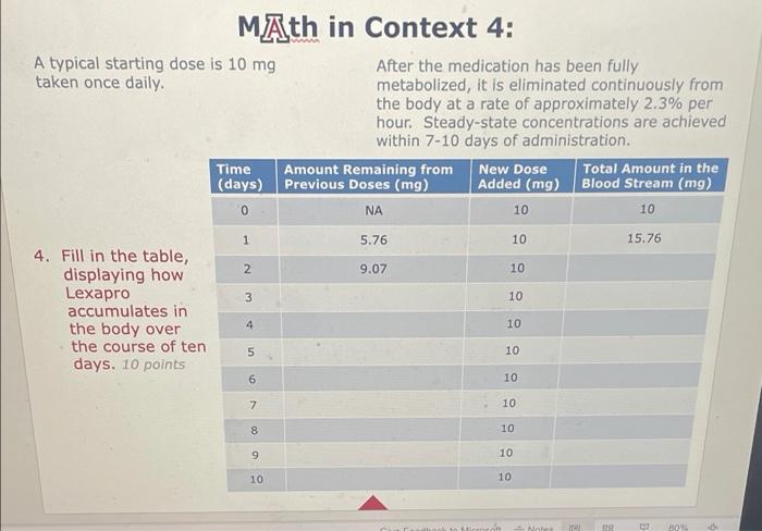 Solved MAth in Context 4: A typical starting dose of Lexapro | Chegg.com