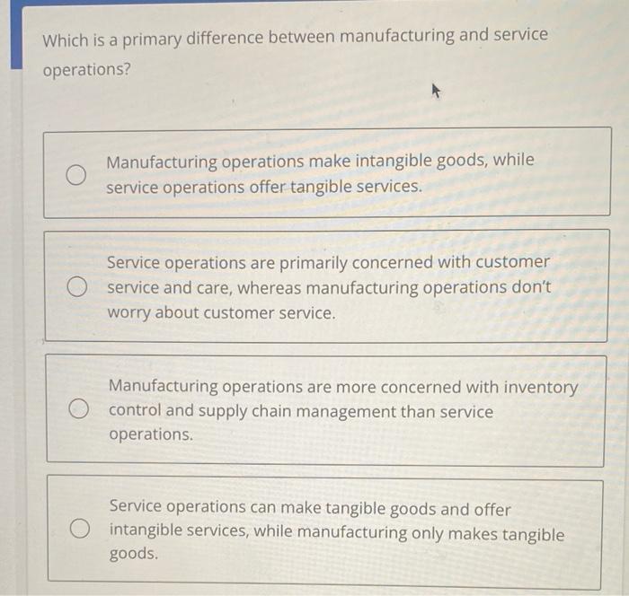 Solved Which is a primary difference between manufacturing | Chegg.com