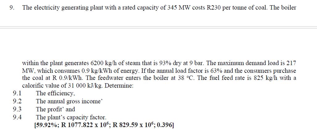 Solved The electricity generating plant with a rated | Chegg.com