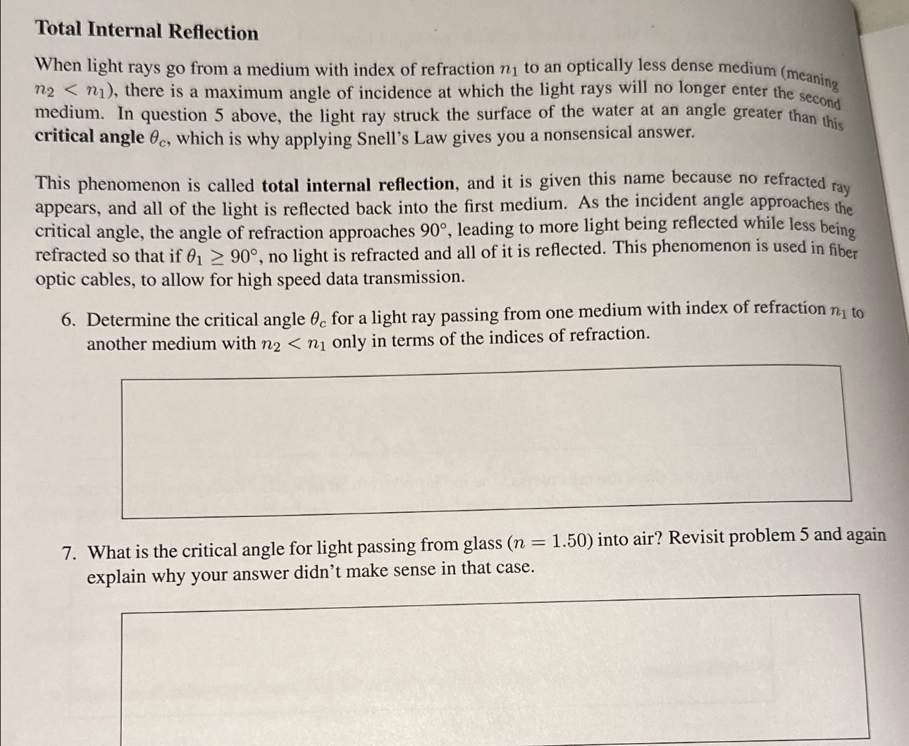 Solved Total Internal ReflectionPlease fully answer both 6 | Chegg.com