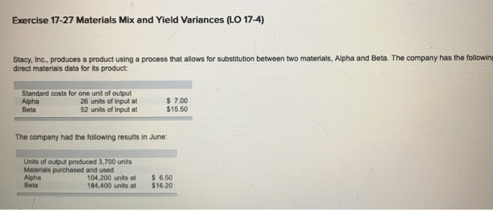 Solved Exercise 17-27 Materials Mix and Yield Variances (LO | Chegg.com