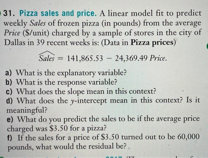 Solved 31. Pizza sales and price. A linear model fit to | Chegg.com