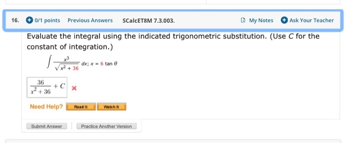 Solved 16. 0/1 points Previous Answers CalcET8M 7.3.003. My | Chegg.com