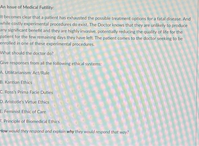 Solved An Issue of Medical Futility: It becomes clear that a | Chegg.com