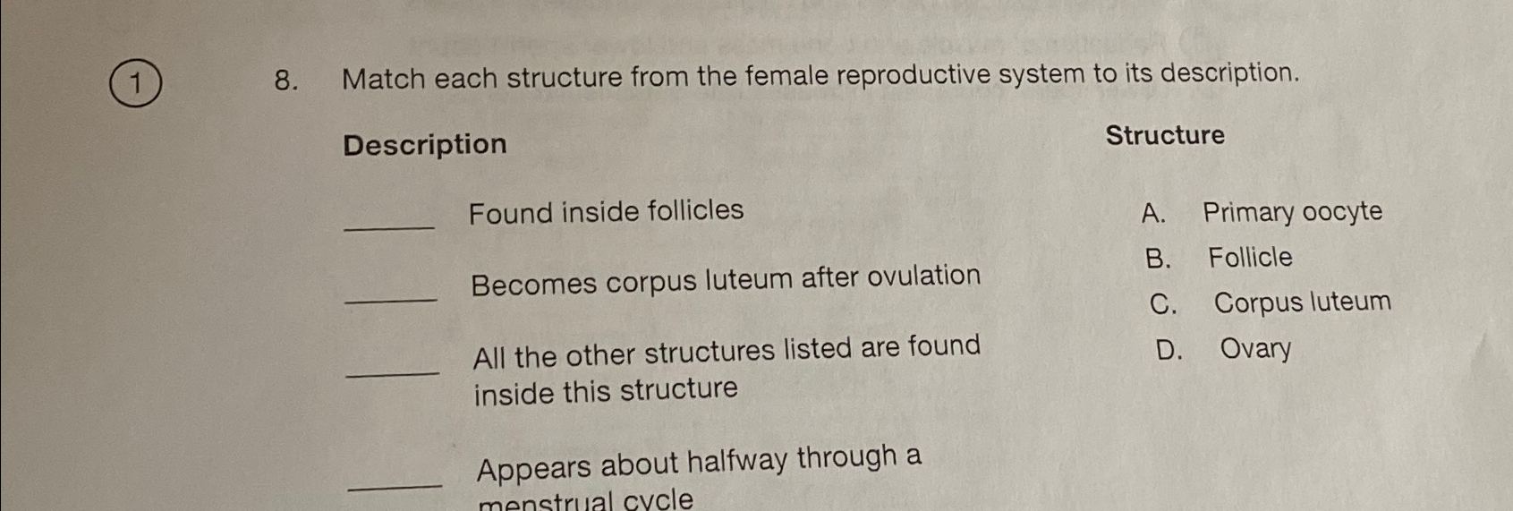 Solved (1) 8. ﻿Match each structure from the female | Chegg.com