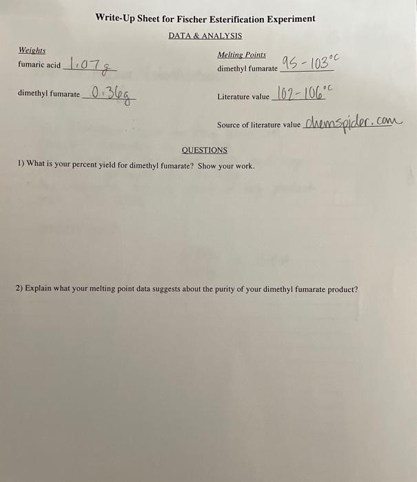 Solved Write-Up Sheet for Fischer Esterification Experiment | Chegg.com