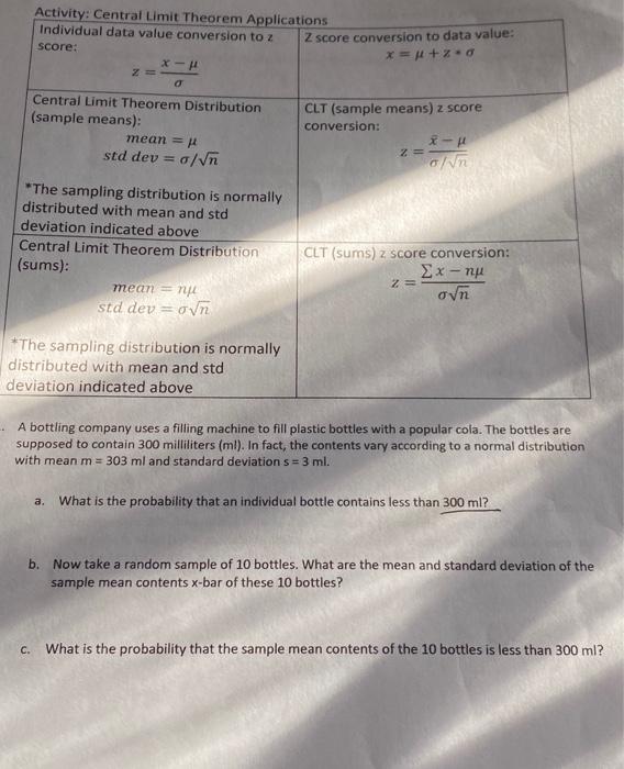 Solved Activity: Central Limit Theorem Applications | Chegg.com