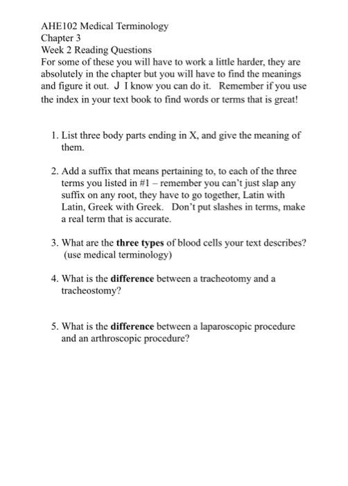 Solved AHE 102 Medical Terminology Chapter 3 Week 2 Reading | Chegg.com
