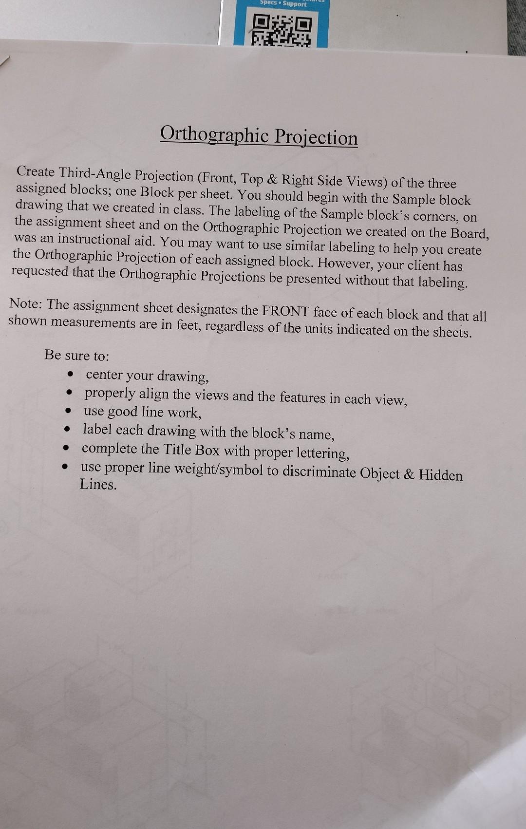 Solved Specs. Support Orthographic Projection Create | Chegg.com