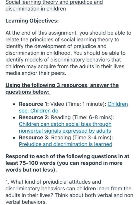 Solved Social learning theory and prejudice and | Chegg.com