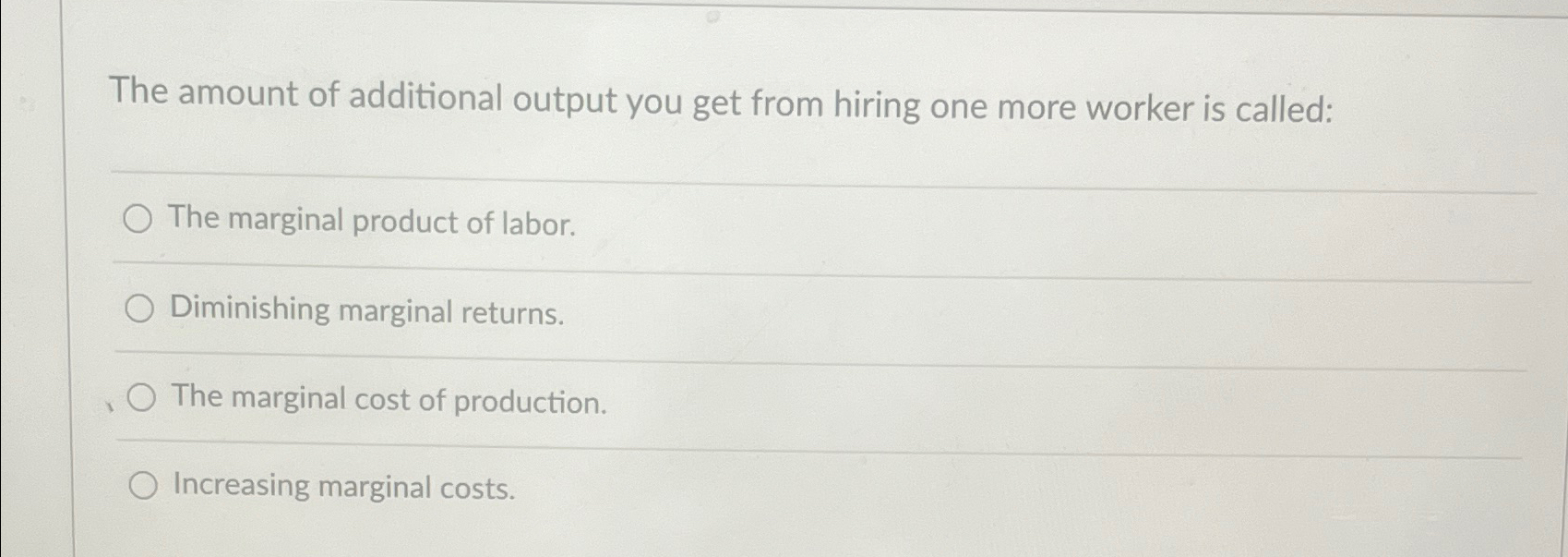Solved The amount of additional output you get from hiring | Chegg.com
