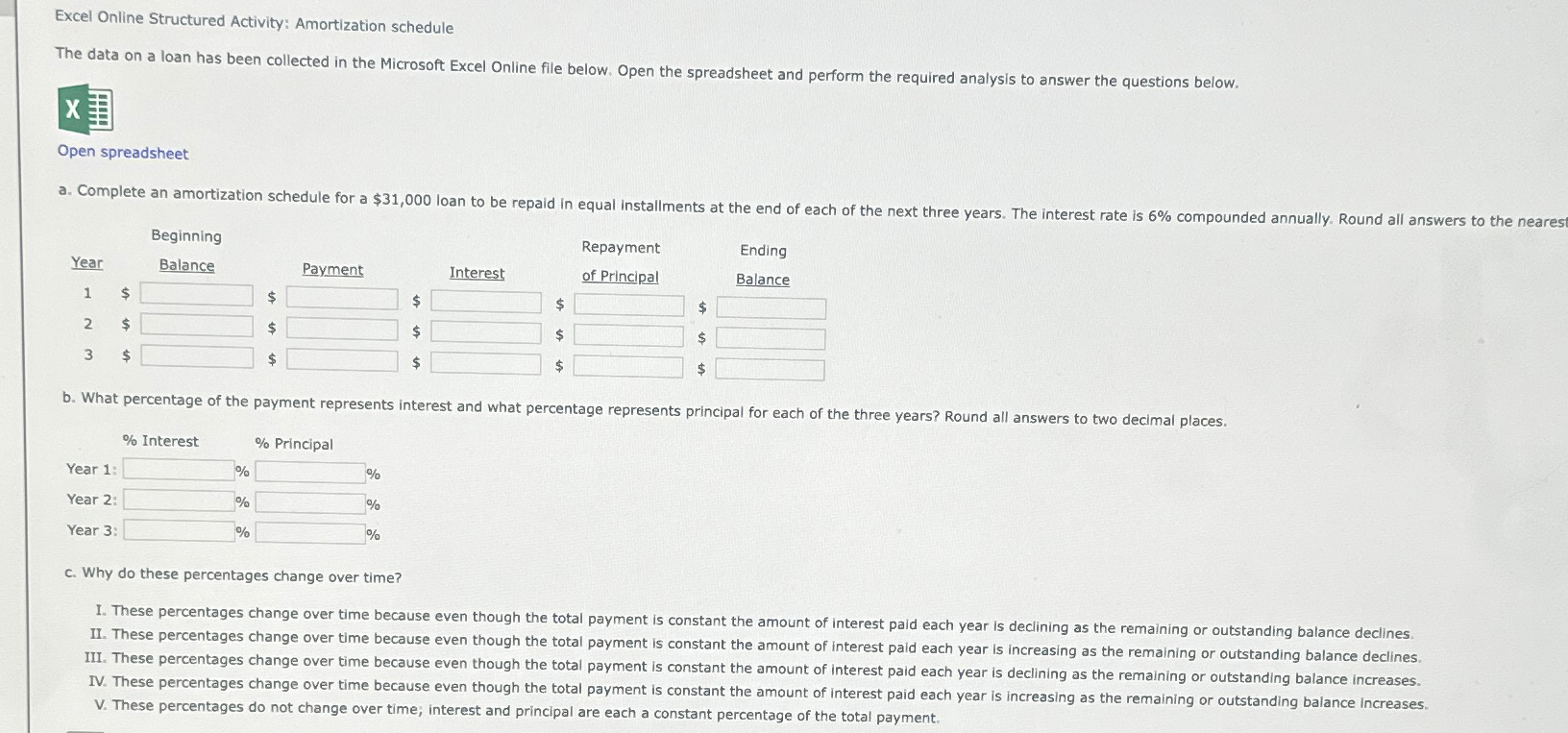 Solved Excel Online Structured Activity: Amortization | Chegg.com