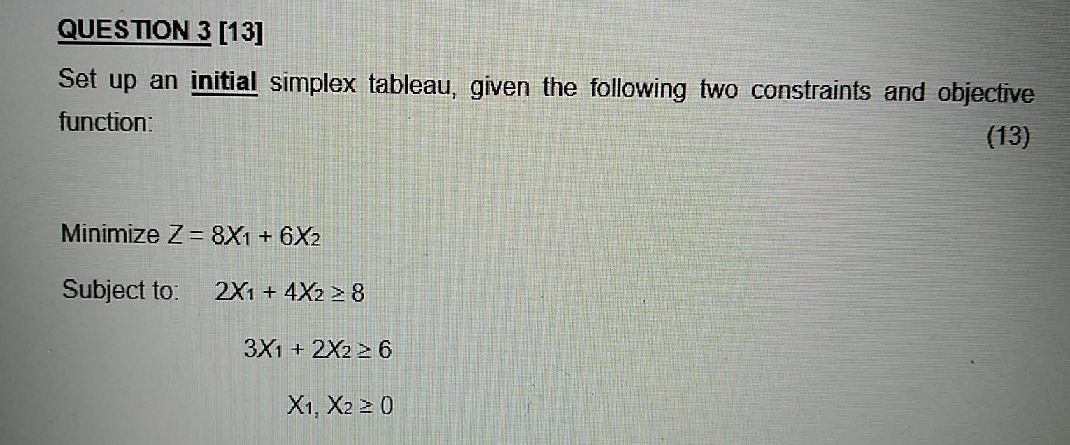 Solved QUESTION 3 [13] Set up an initial simplex tableau, | Chegg.com