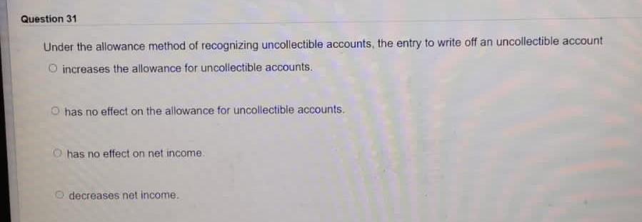 Solved Question 31 Under the allowance method of recognizing | Chegg.com