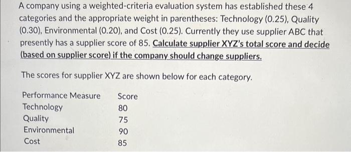 Solved A company using a weighted-criteria evaluation system | Chegg.com