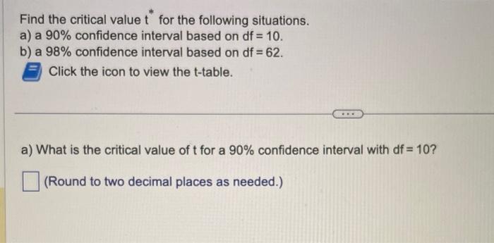 Solved Find the critical value t for the following | Chegg.com