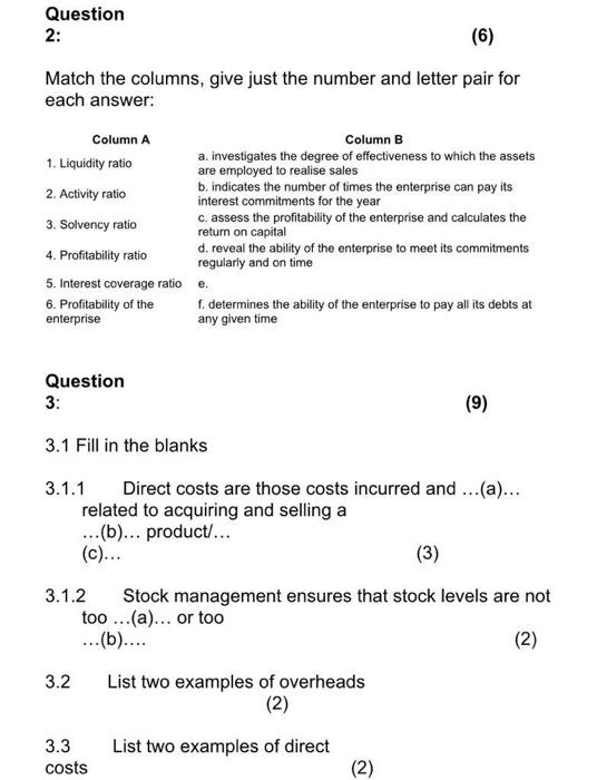 Solved Match the columns, give just the number and letter | Chegg.com