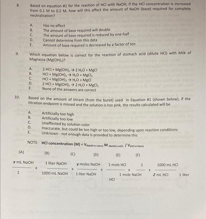 Solved 8. Based on equation #1 for the reaction of HCl with | Chegg.com