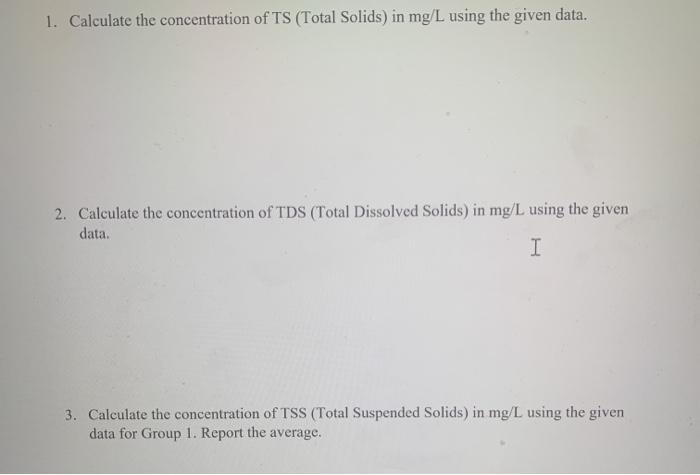 Solved 1. Calculate the concentration of TS (Total Solids) | Chegg.com