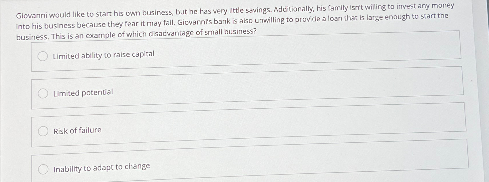 Solved Giovanni would like to start his own business, but he | Chegg.com
